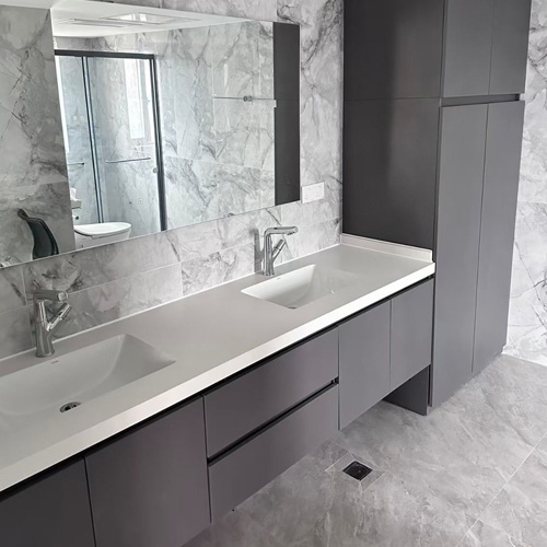 Customized bathroom millwork and stone counter including bathroo vanity ...