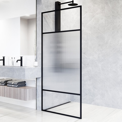 Fixed framed shower screen in matte black with reeded glass