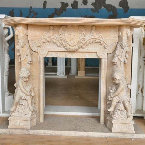 Romantic Hand Carved Fireplace Mantle With Cherubs And Shield Cartouch
